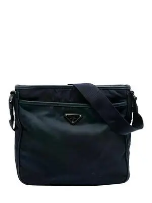 Prada Saffiano Trimmed Tessuto Zip Top Crossbody Bag - Blue