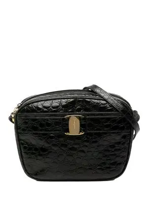 FERRAGAMO Leather Gancini Chain Crossbody Bag - Black
