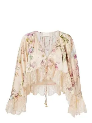 Camilla Lace-trimmed Floral Silk Crop Top - Multicoloured