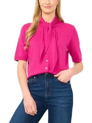 CECE DUPRAZ Tie Neck Short Sleeve Cardigan Peony Punch