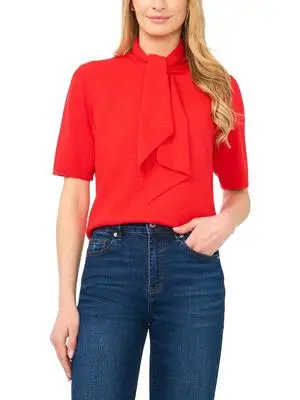 CECE DUPRAZ Tie Neck Short Sleeve Sweater - Bright Red