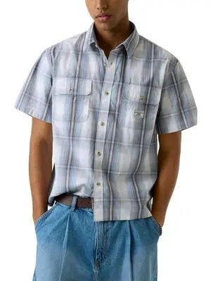 Guess Boxi Plaid Crop Short Sleeve Cotton Button-up Shirt - L73e-dark