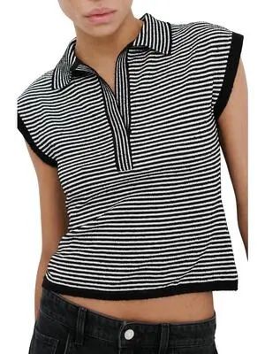 Mango Stripe Cap-sleeve Cropped Polo Sweater - Black