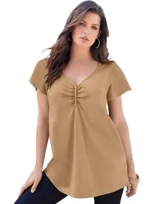 ROAMAN'S Cotton Ultimate Flutter Sleeve Sweetheart Tee Soft Camel