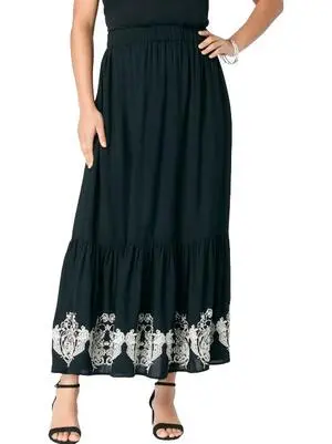 ROAMAN'S Embroidered Lace-trim Tiered Maxi Skirt - Black