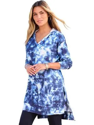 ROAMAN'S French Terry Tunic Hoodie With V-neck And High-low Hem - Navy Tie Dye