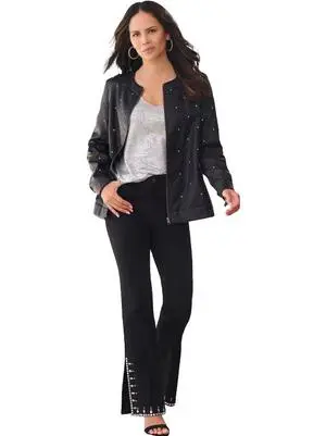 ROAMAN'S Studded Faux Leather Bomber Jacket With Banded Details - Black