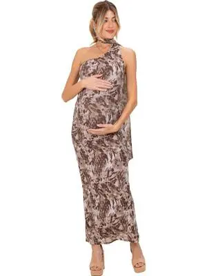 PINKBLUSH Printed Halter Maxi Dress - Mocha