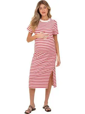 PINKBLUSH Striped Short Sleeve Maternity Midi Dress - Red