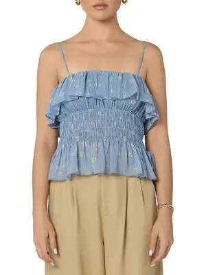 Astr The Label Carmelitha Ditsy Floral Gingham Peplum Top - Navy Floral Gingham