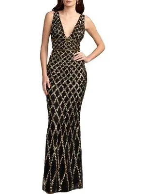 Mac Duggal MAC DUGGAL Sequined Plunge Gown Black