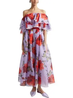 Carolina Herrera Rose Print Silk Organza Midi Dress - Violeta Multi