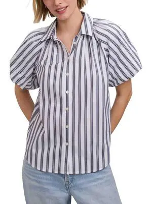 Foxcroft Striped Puff Sleeve Button-Up Shirt Black/white