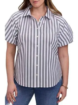 Foxcroft Paula Stripe Puff Sleeve Shirt - Black/white