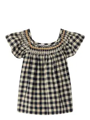 Bonpoint Carlie Checkered-print Embroidered Blouse - Grey