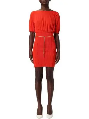 Elisabetta Franchi Puff Sleeve Ribbed Dress With Belt - Orange