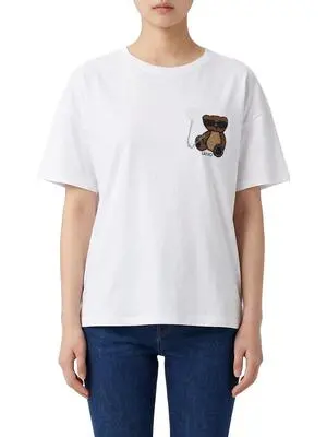 Liu Jo Cotton T-shirt With Embroidered Logo And Crystal Appliqu - White