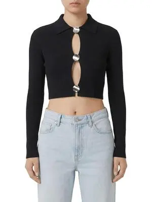 JIL SANDER Ribbed Polo Sweater With Metallic Button Detail - Black