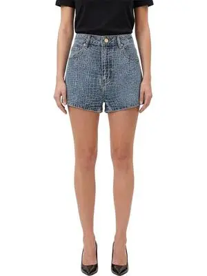 SELF-PORTRAIT Crocodile Print Denim Shorts - Blue