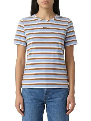 Marni Striped Cotton T-shirt With Logo Detail - Blue