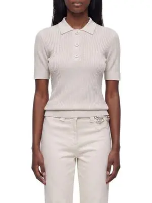 Liu Jo Ribbed Knit Polo Shirt With Metallic Fiber - Beige