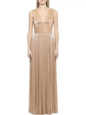 Costarellos Costarellos Pleated Polyester Maxi Dress Beige