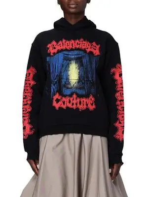 Balenciaga Printed Cotton Hoodie - Black