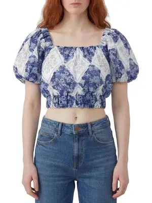 TWINSET Cropped Ramie Top With Floral Print - Blue