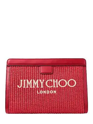 JIMMY CHOO Embroidered-logo Raffia And Leather Pouch - Ruby Red/light Gold