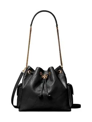 Tory Burch Charlie Quilted Leather Drawstring Shoulder Bag - Black
