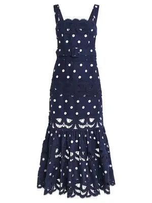 Self-Portrait Linen-Cotton Polka Dot Midi Dress - Navy | Editorialist