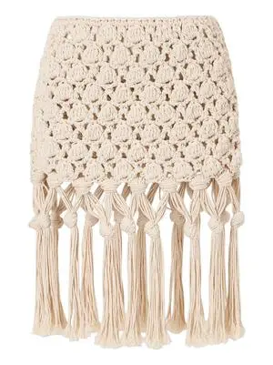 Balmain Fringed Crochet-Knit Cotton Mini Skirt Ecru
