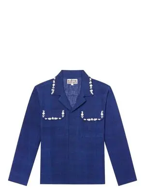 KARTIK RESEARCH Surya Camp-collar Embellished Embroidered Cotton Shirt - Blue