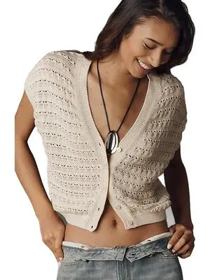 Anthropologie Short-sleeve Cotton Cardigan Top - Ivory