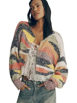 PILCRO Long Sleeve Crew Neck Cardigan Sweater - Multi Stripe