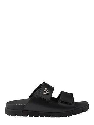 Prada Enamelled-logo Leather Slides - Black