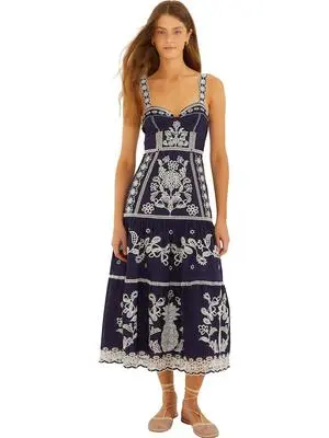 Farm Rio Richelieu Embroidered Sweetheart Neck Midi Dress - Blue