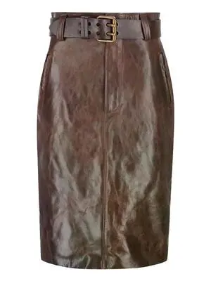 Saint Laurent Belted Leather Midi Skirt - Brown