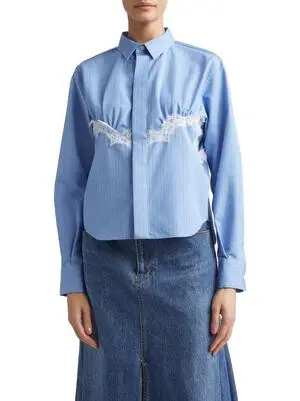 Sacai Stripe Lace Trim Poplin Button-up Shirt - Blue Stripe