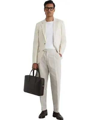 REISS Linen-cotton Check Tapered Trousers - Oatmeal