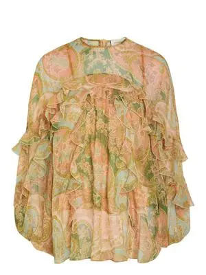 Zimmermann Luna Flutter Paisley Ruffled Silk Blouse - Sage
