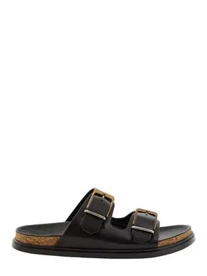THE ROW Buckle Leather Slides - Black