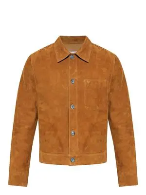 Ami Suede Jacket With Embossed Logo - Brown