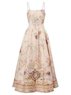 Camilla Printed Linen And Silk Midi Dress - Multicoloured
