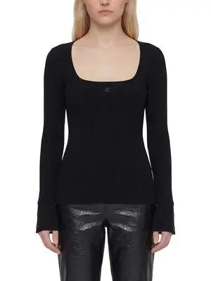 COURREGES Ribbed Square Neck Long Sleeve Top - Black