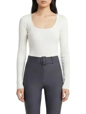 COURREGES Ribbed Square Neck Long Sleeve Top - White