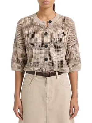 Brunello Cucinelli Striped Openwork Cotton Cardigan - Gold