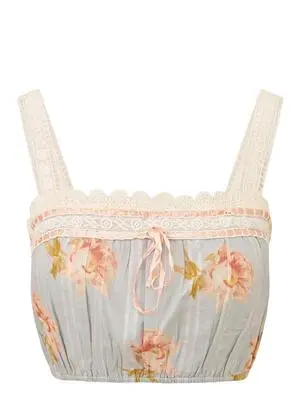 LoveShackFancy Broca Cotton Peony Print Crop Top - Rustic Sky
