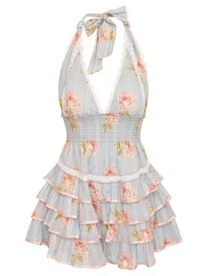 LoveShackFancy Kerch Cotton Peony Print Mini Dress - Rustic Sky