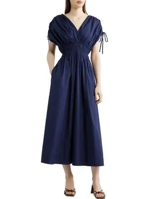 Vince Camuto Cotton Poplin Ruched Tie Shoulder Dress - Navy